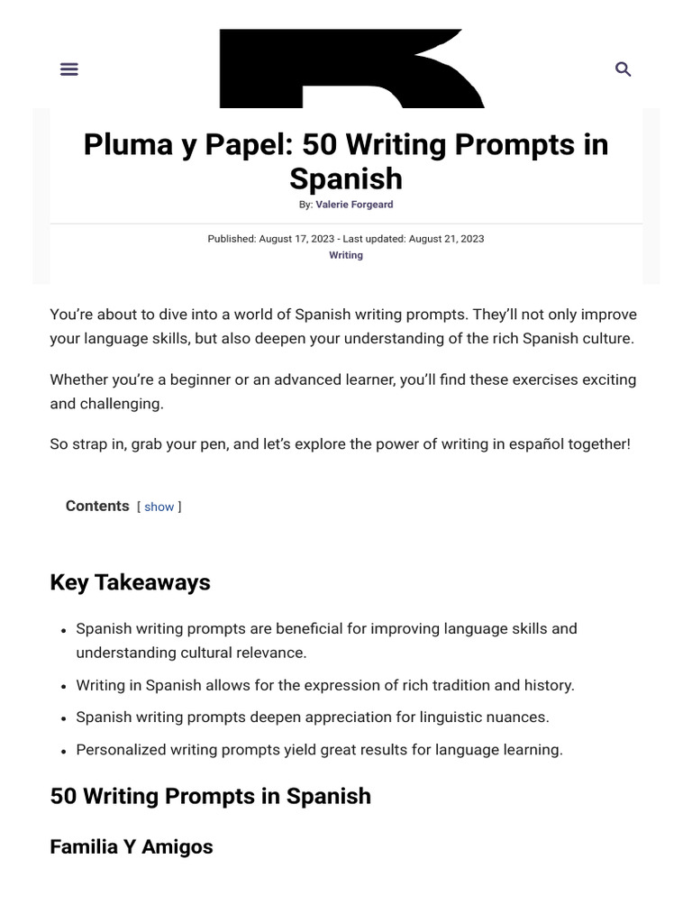 Pluma y Papel_ 50 Writing Prompts in Spanish - Brilliantio | PDF