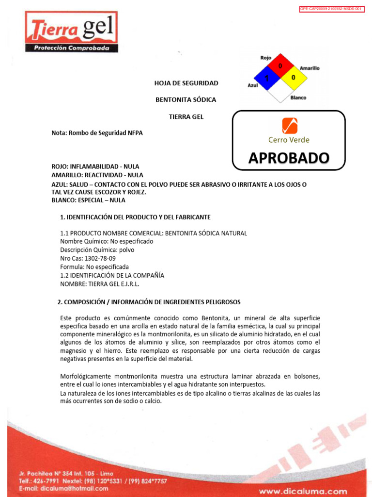 BENTONITA SODICA_TIERRA GEL_FDS | PDF