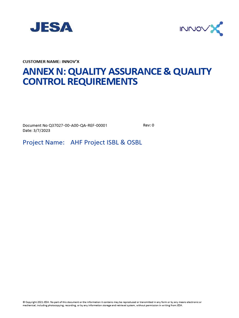 ITP Annexe N QUALITY ASSURANCE & QUALITY | PDF