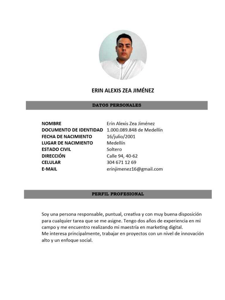 Hoja de Vida de Erin Zea Jiménez | PDF