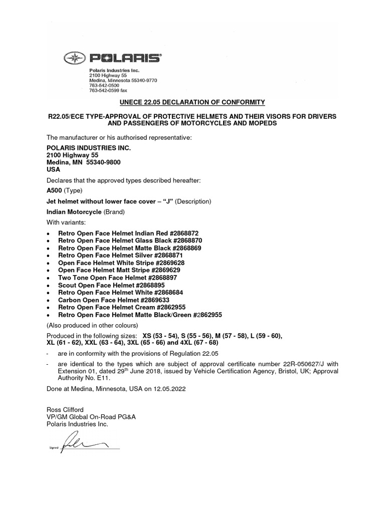 Ec Declaration of Conformity A500 Open Face Helmets | PDF | Motor ...