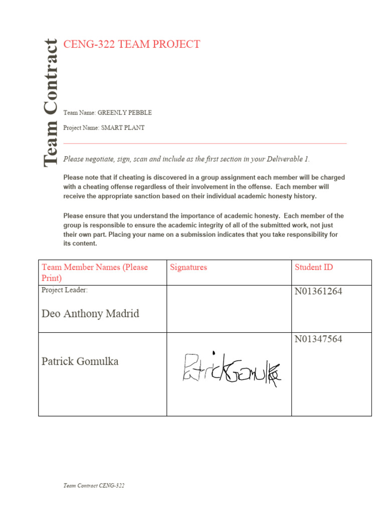 CENG-322 TEAM Contract v1.0 | PDF