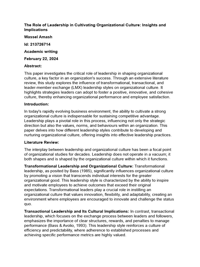 Wasel Amash Report | PDF | Leadership | Organizational Culture Wasel Amash Report | PDF | Leadership | Organizational Culture