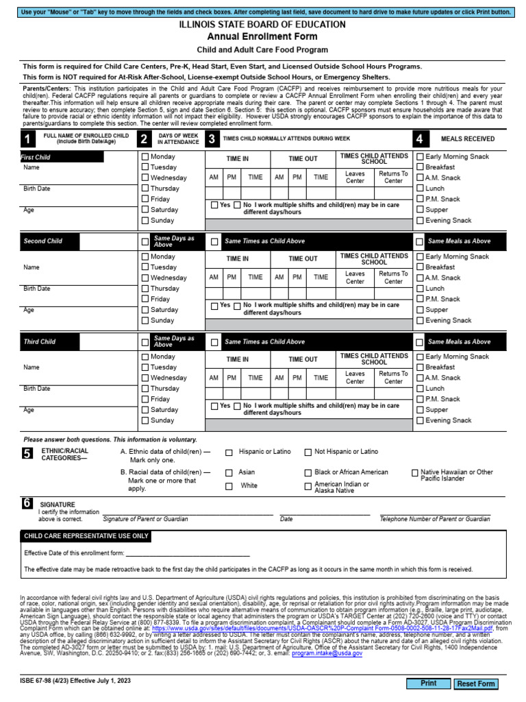 5a. CACFP Food Form Page 1-English | PDF | The United States | Society ...