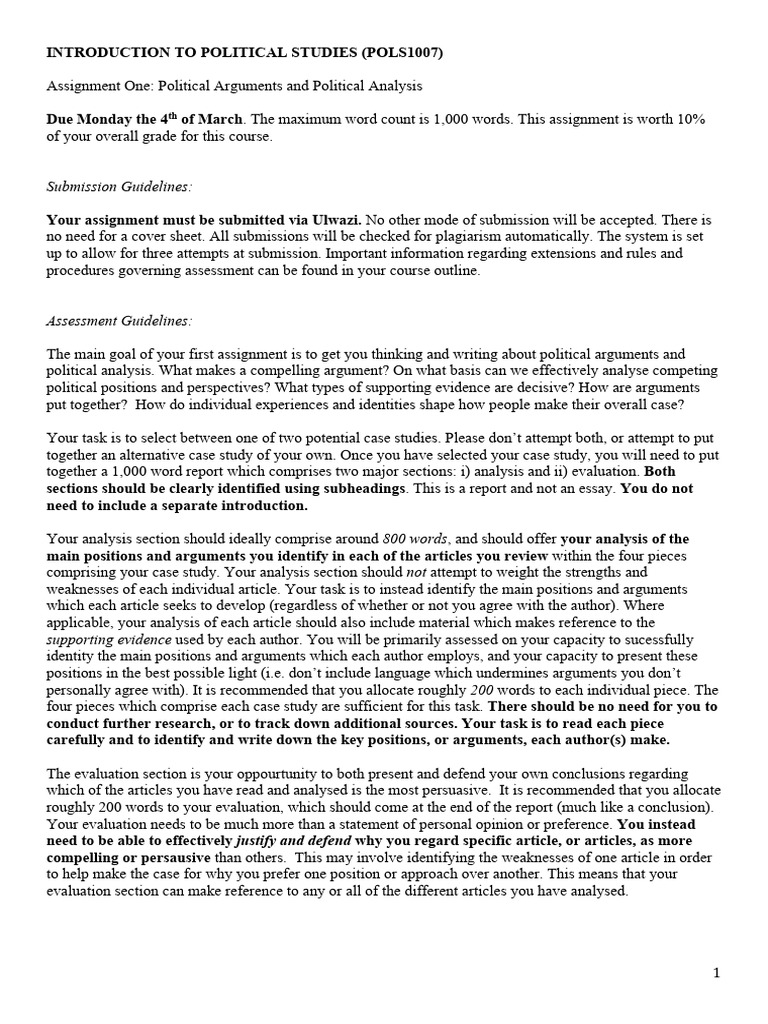 POLS1007 First Assignment Political Arguments and Political Analysis ...