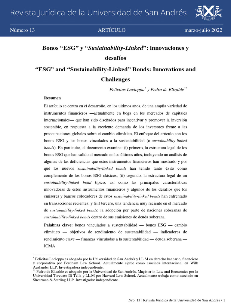 1 Revista Jurídica De La Universidad De San Andrés Bonos Esg Y Sustainability Linked Pdf