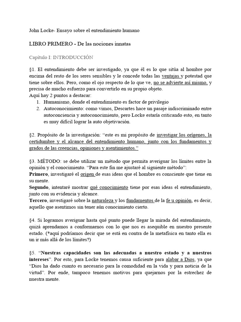 John Locke - Ensayo Sobre El Entendimiento Humano RESUMEN | PDF