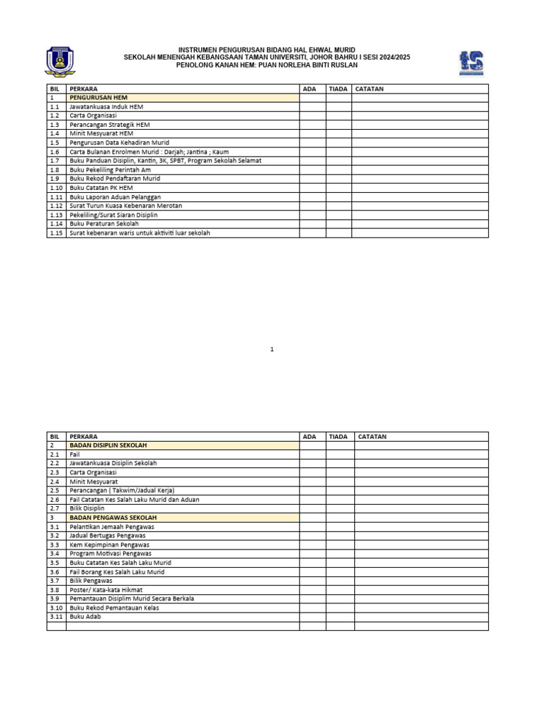 Instrumen Pengurusan Bidang Hal Ehwal Murid | PDF