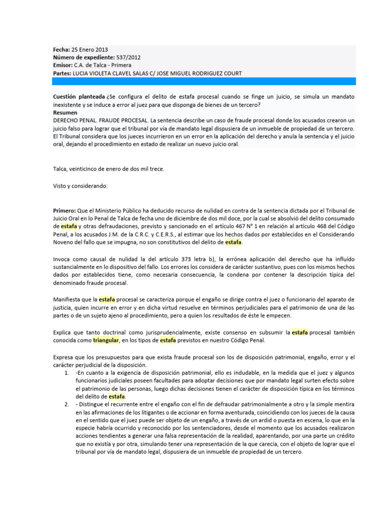 Nulidad por Estafa Procesal en Juicio Falso | PDF | Sentencia (ley ...