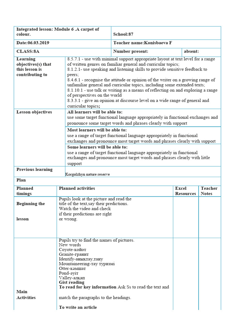 php0fU33P - Integrated Lesson. Konisbaeva Farida | PDF | Learning ...