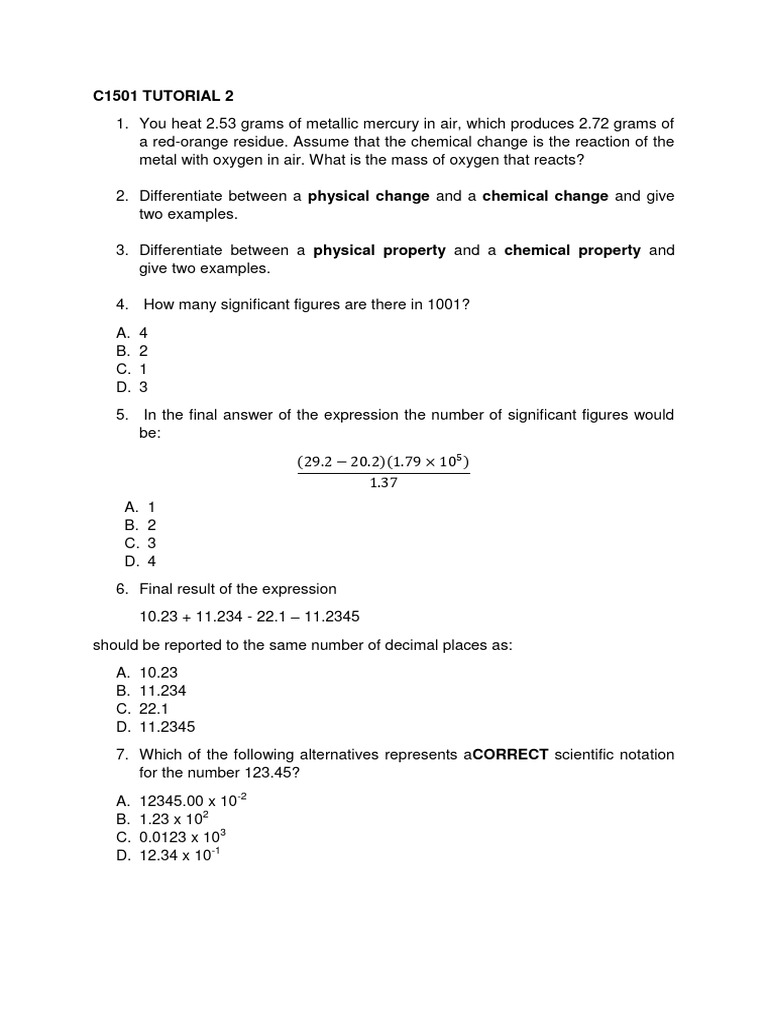 C1501 Tutorial 2 | PDF | Teaching Methods & Materials | Science ...
