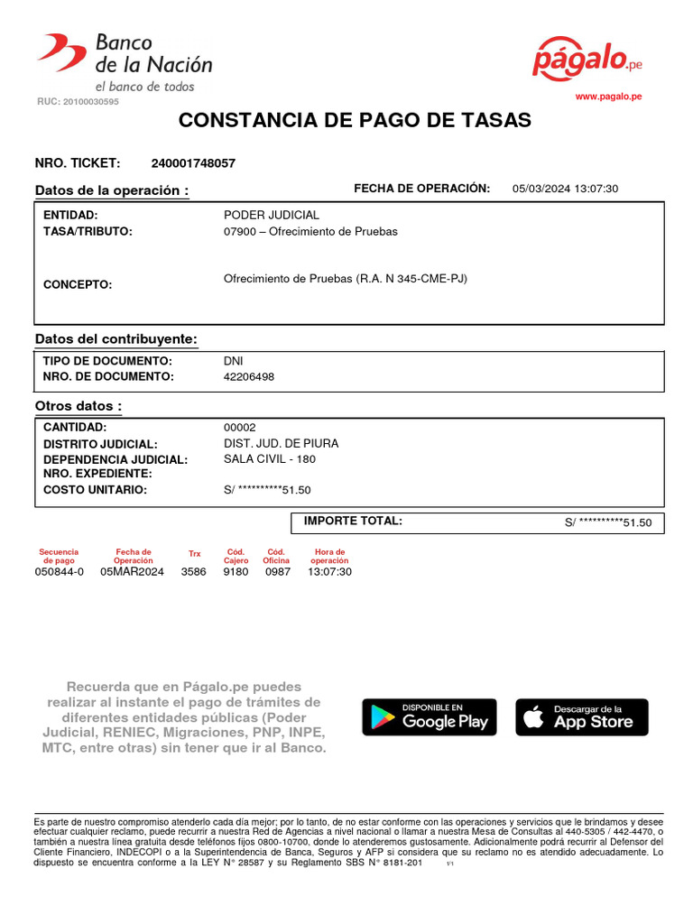 Pago de Tasas Judiciales en Págalo.pe | PDF