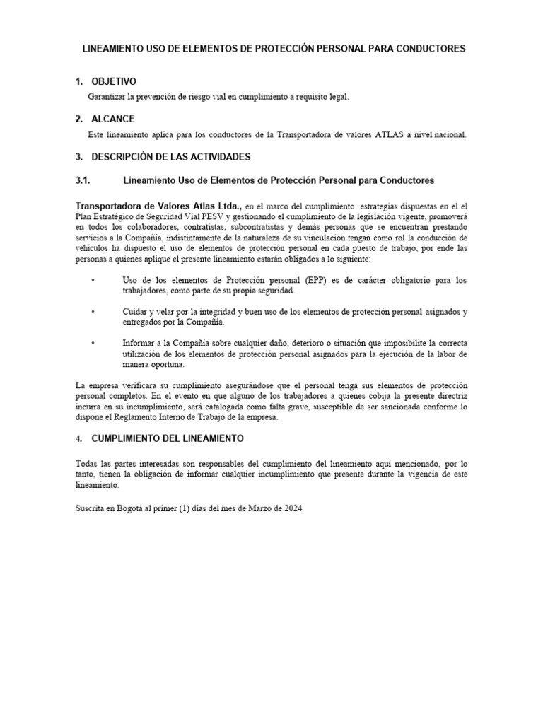 PO-GH-015 LINEAMIENTO USO DE ELEMENTOS DE PROTECCIÓN PERSONAL VR 3 ...