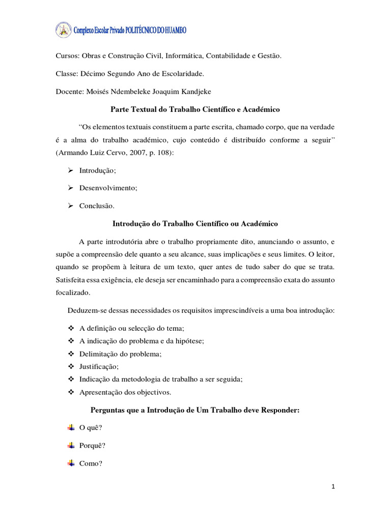 Aula sobre a parte textual de um trabalho científico. Introdução ...