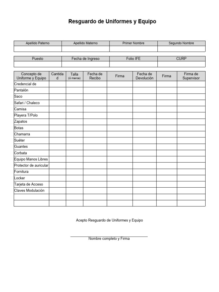 Resguardo de Uniformes y Equipo | PDF