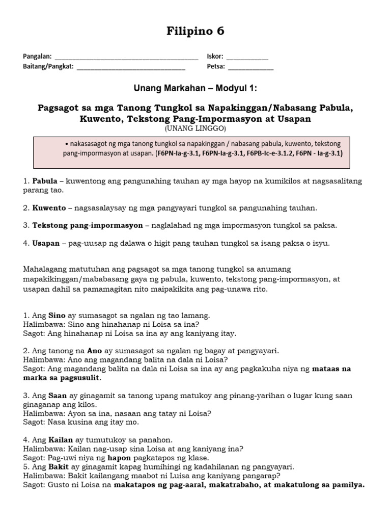 Filipino-6 Q1 WEeK 1 | PDF