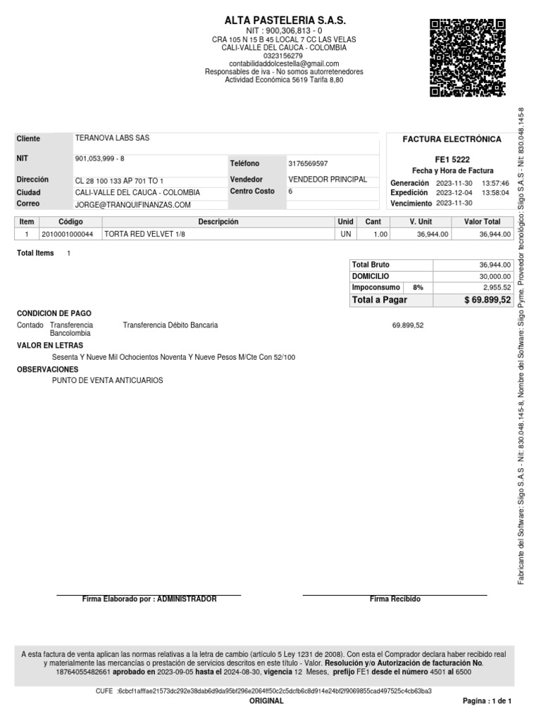 Factura Alta Pasteleria FE1 5222 | PDF | Economias | Industrias de servicio