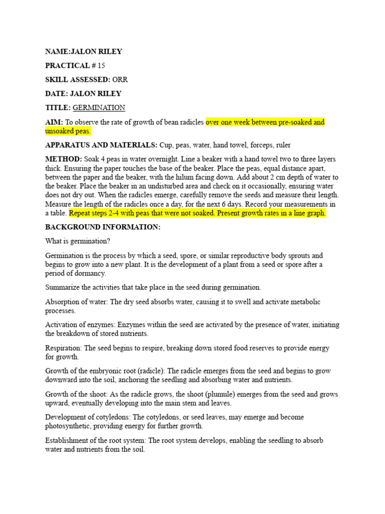 Copy of Jalon Riley- Germination Lab (1) | PDF | Seed | Seedling