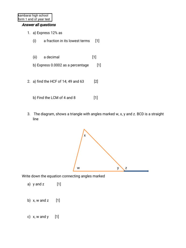 Math Test Questions for Form 1 Students | PDF