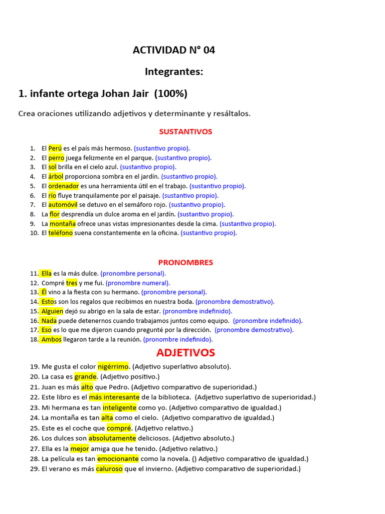 Actividad 4 Sustantivos, Pronombres y Adjetivos | PDF | Adjetivo