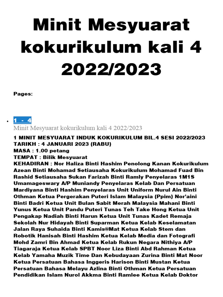 Minit Mesyuarat Kokurikulum Kali 4 2022 | PDF