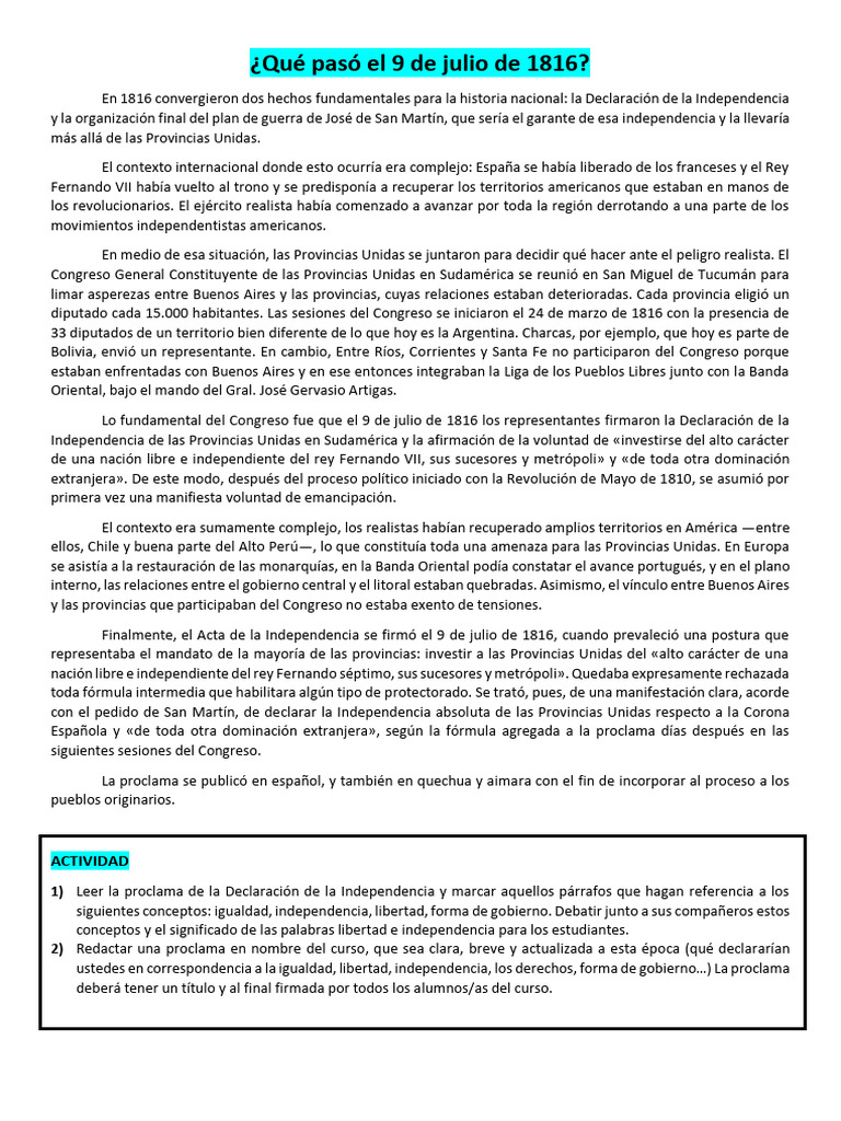 Qué Pasó El 9 de Julio de 1816 | PDF