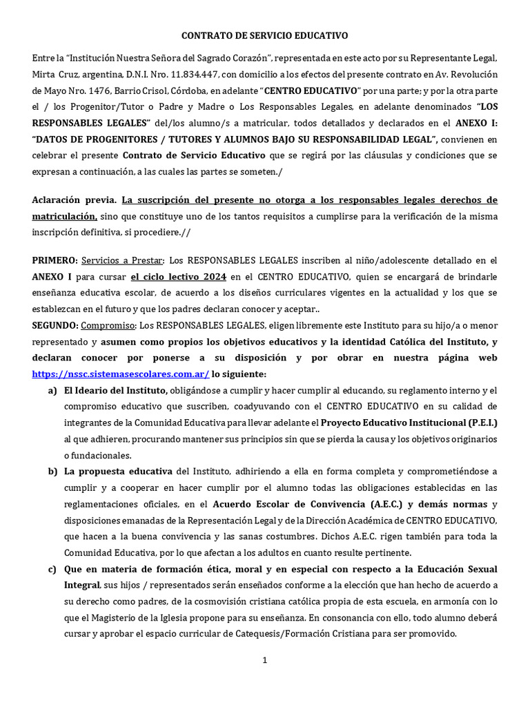 Contrato Educativo 2024 NSSC | PDF | Pagos | Justicia