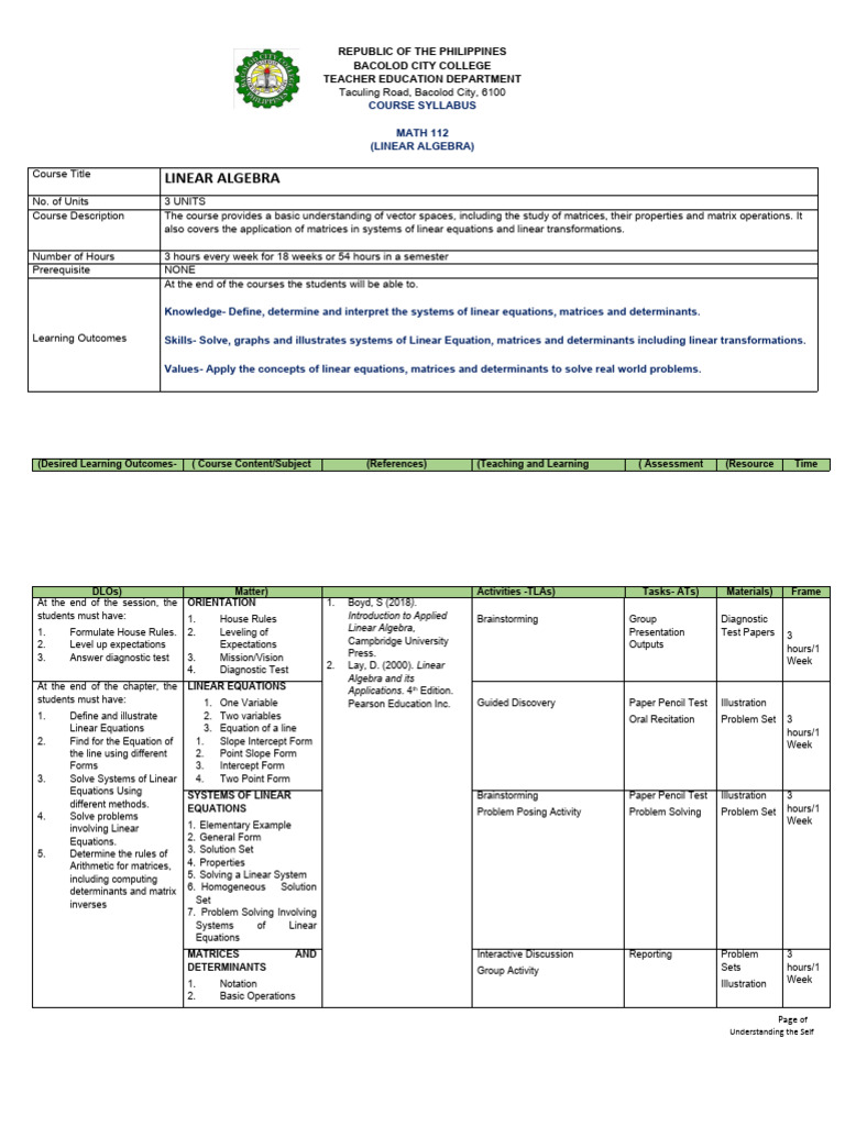 Linear Algebra Syllabus | PDF | Linear Map | Matrix (Mathematics)