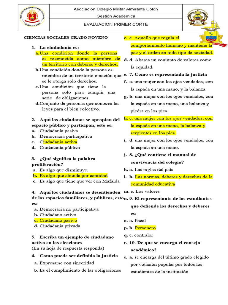 Evaluacion Primer Corte Noveno | PDF | Ciencias sociales | Política