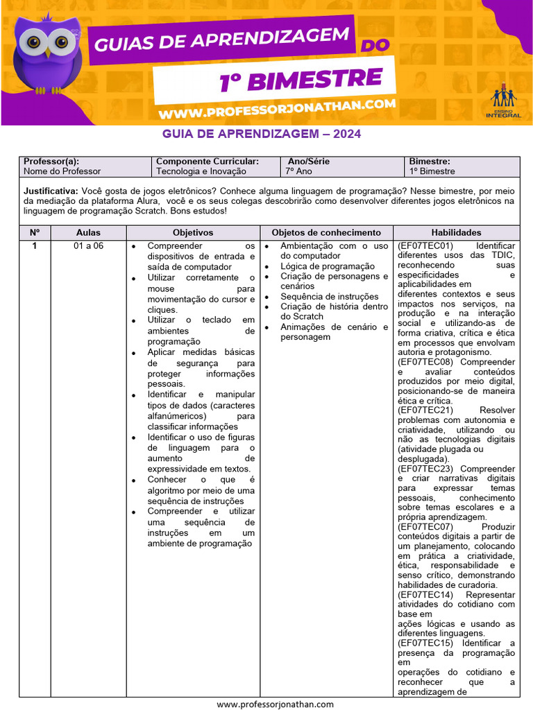 7º Ano - Tecnologia e Inovação - 1º Bimestre - 2024 | PDF | Programação ...