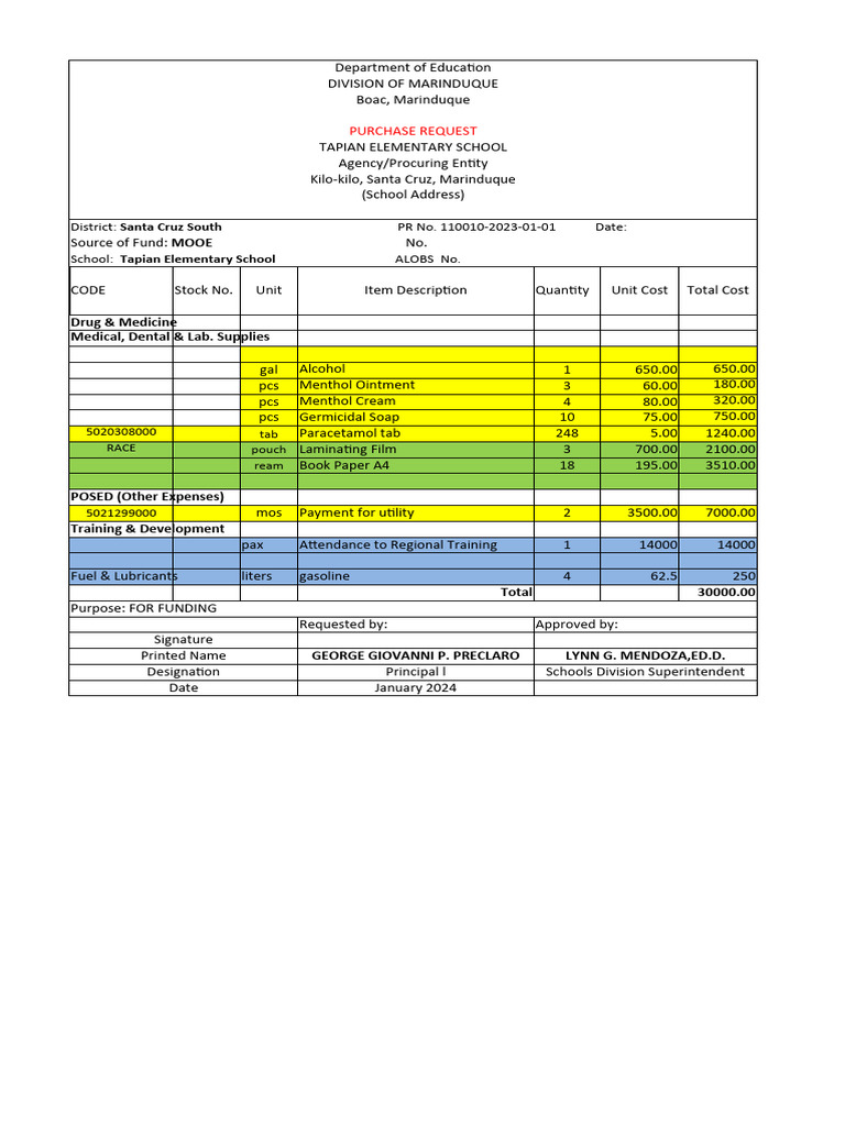 Purchase Request MOOE FY - 2024 FINAL 02282024 | PDF | Printer (Computing) | Materials