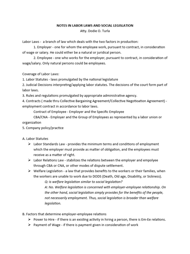 Labor Laws and Social Legislation Notes | PDF | Cost Of Living | Employment