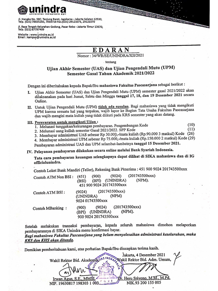 Contoh SUrat Pemberitahuan UAS dan UPM Pascasarjana | PDF