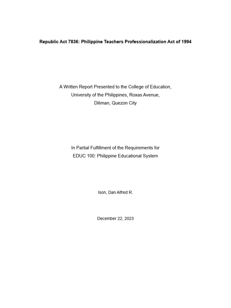 Philippine Teachers Professionalization Act of 1994 - Written Report ...