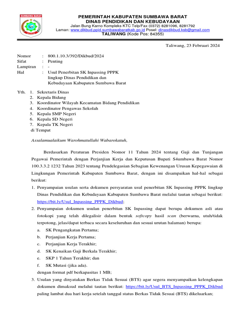 Usulan SK Inpassing PPPK Sumbawa Barat | PDF