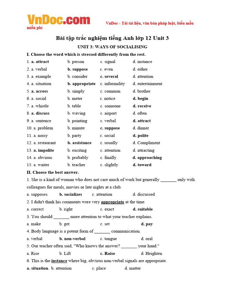 Bai Tap Trac Nghiem Tieng Anh Lop 12 Unit 3 | PDF