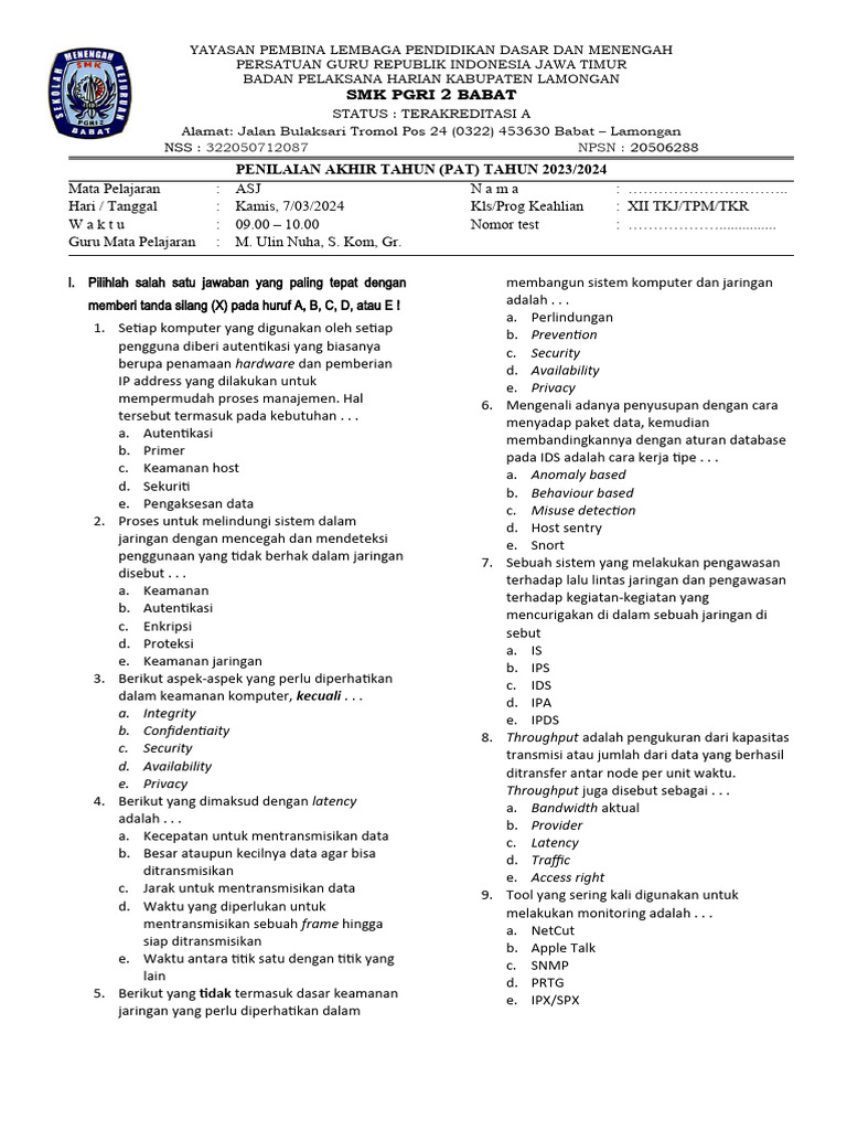 ASJ Kelas XII - PAT Genap 2023-2024 | PDF