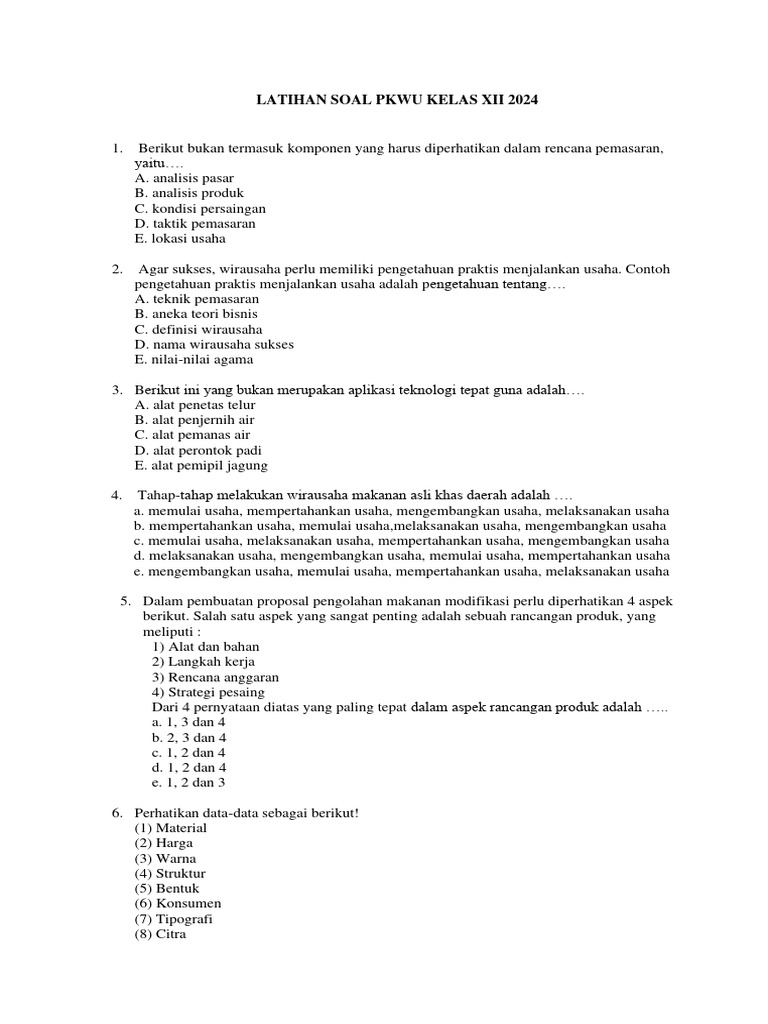 Latihan Soal Pkwu Kelas Xii 2024 | PDF | Bisnis