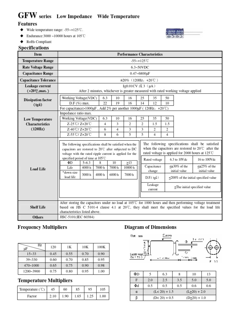 Acon (Radial Thru-Hole) GFW Series | PDF | Capacitor | Electrical Impedance