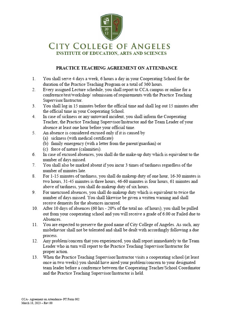 PT Form 002 - Agreement On Attendance | PDF