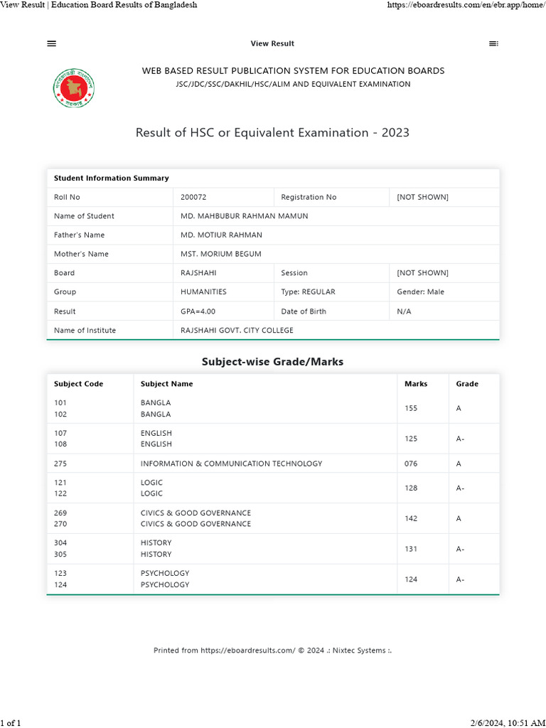 HSC Results Sheet | PDF | Educational Institutions | Educational Organizations
