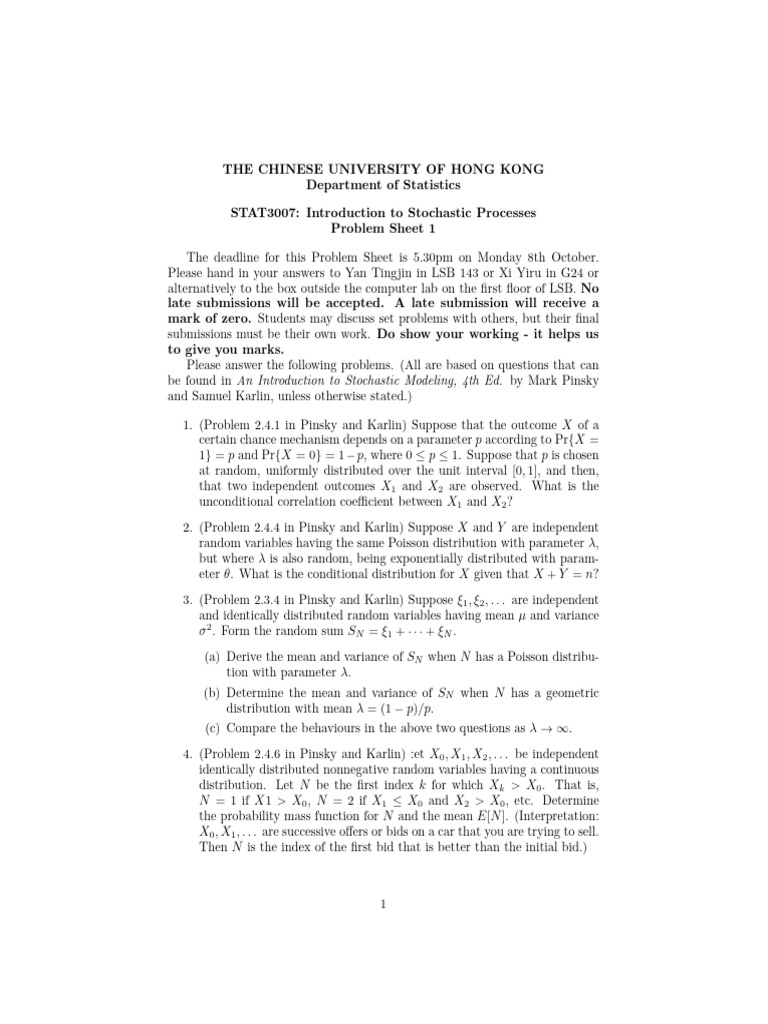 STAT3007 Problem Sheet 1 | PDF | Markov Chain | Variance STAT3007 Problem Sheet 1 | PDF | Markov Chain | Variance