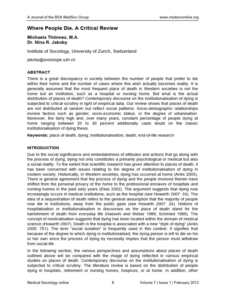 7.1 Where People Die - Jakoby | PDF | Health Care | Health Sciences