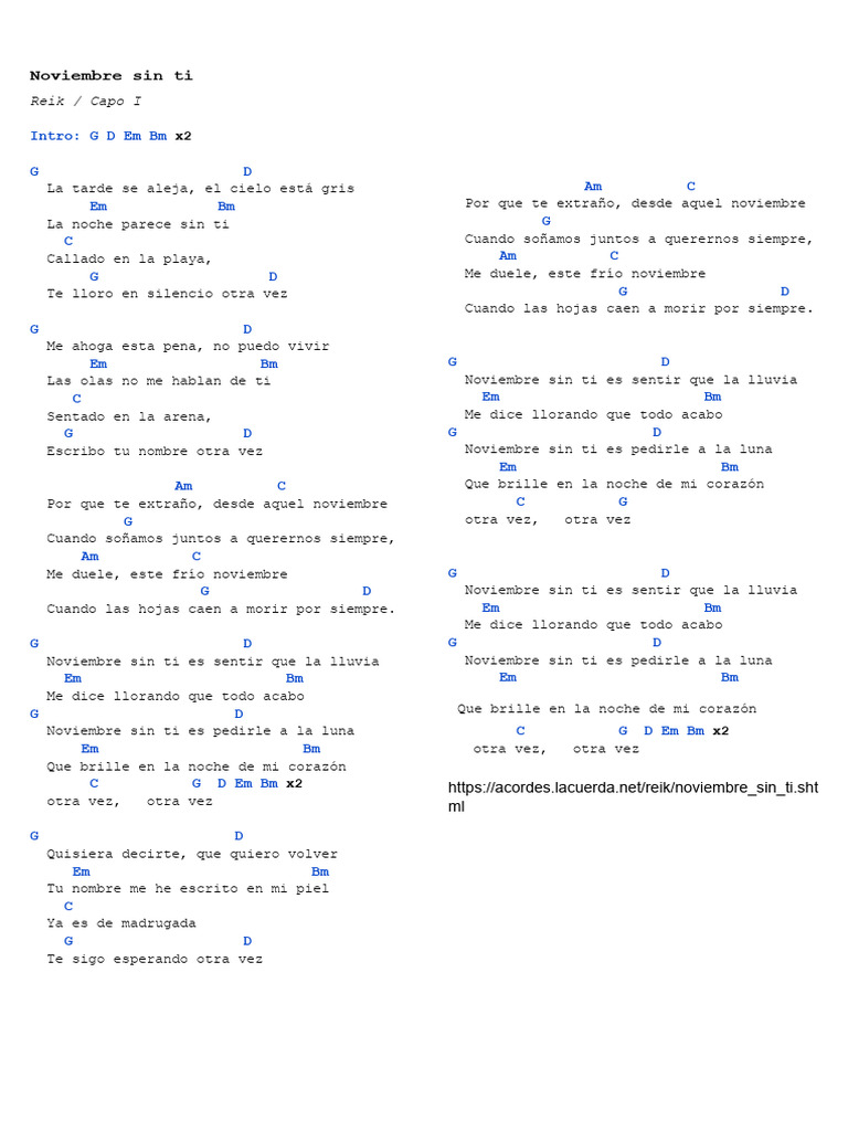 "Noviembre Sin Ti: Letra y Acordes de Reik" | PDF