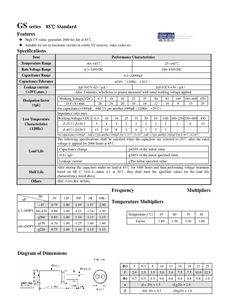 GS Series 85℃ Capacitor Specifications | PDF | Capacitance | Capacitor