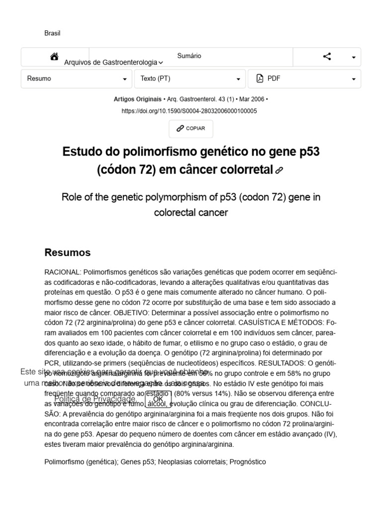 SciELO - Brasil - Estudo Do Polimorfismo Genético No Gene p53 (Códon 72) Em Câncer Colorretal ...