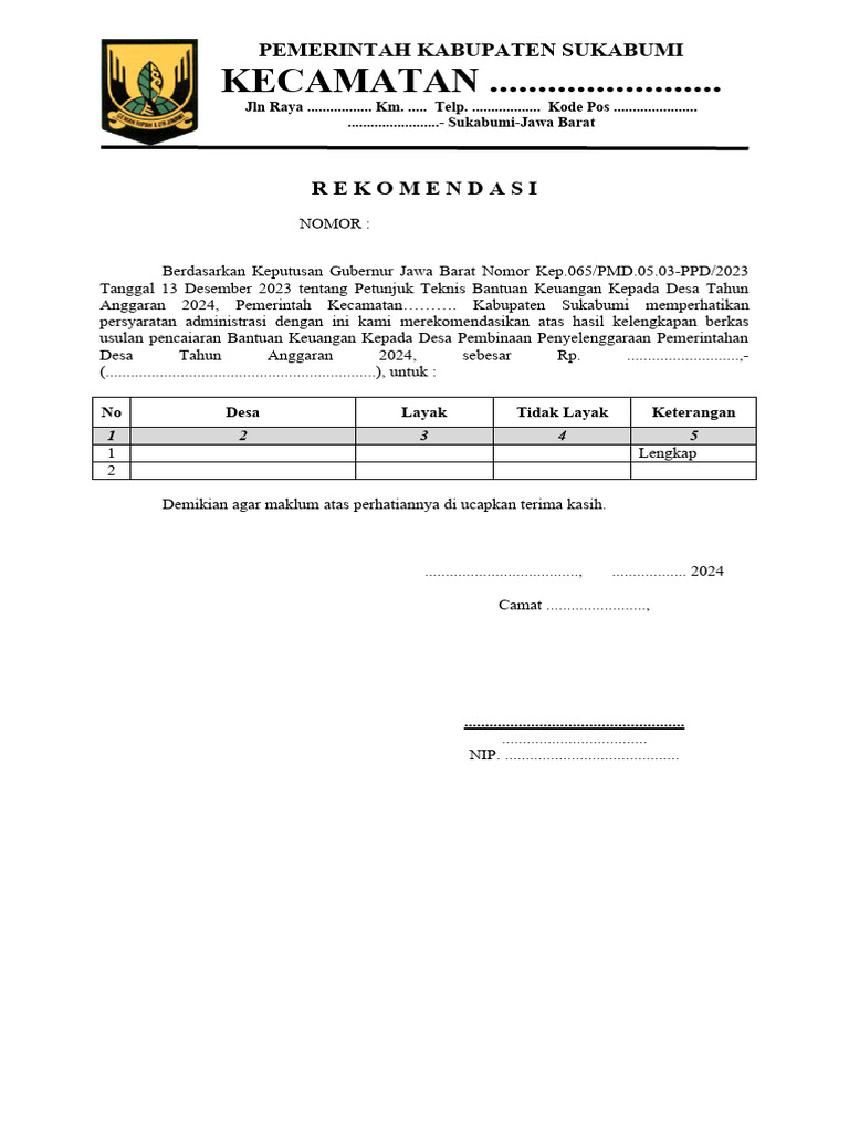Contoh Rekom Camat Banprov 2024 | PDF