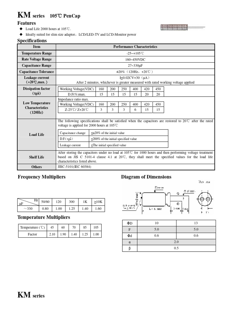 Acon (Radial Thru-Hole) KM Series | Download Free PDF | Capacitor | Capacitance
