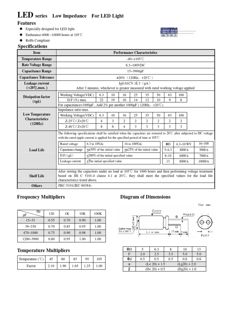 Acon (Radial Thru-Hole) LED Series | PDF | Capacitor | Electrical Impedance