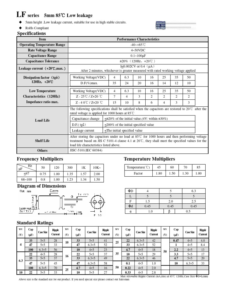 Acon (Radial Thru-Hole) LF Series | PDF | Capacitor | Capacitance